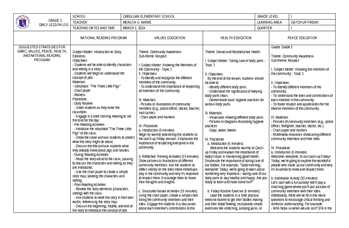 CUF DLL Grade 1 DLL - DLL Teacher - GRADE 1 DAILY LESSON LOG SCHOOL ...