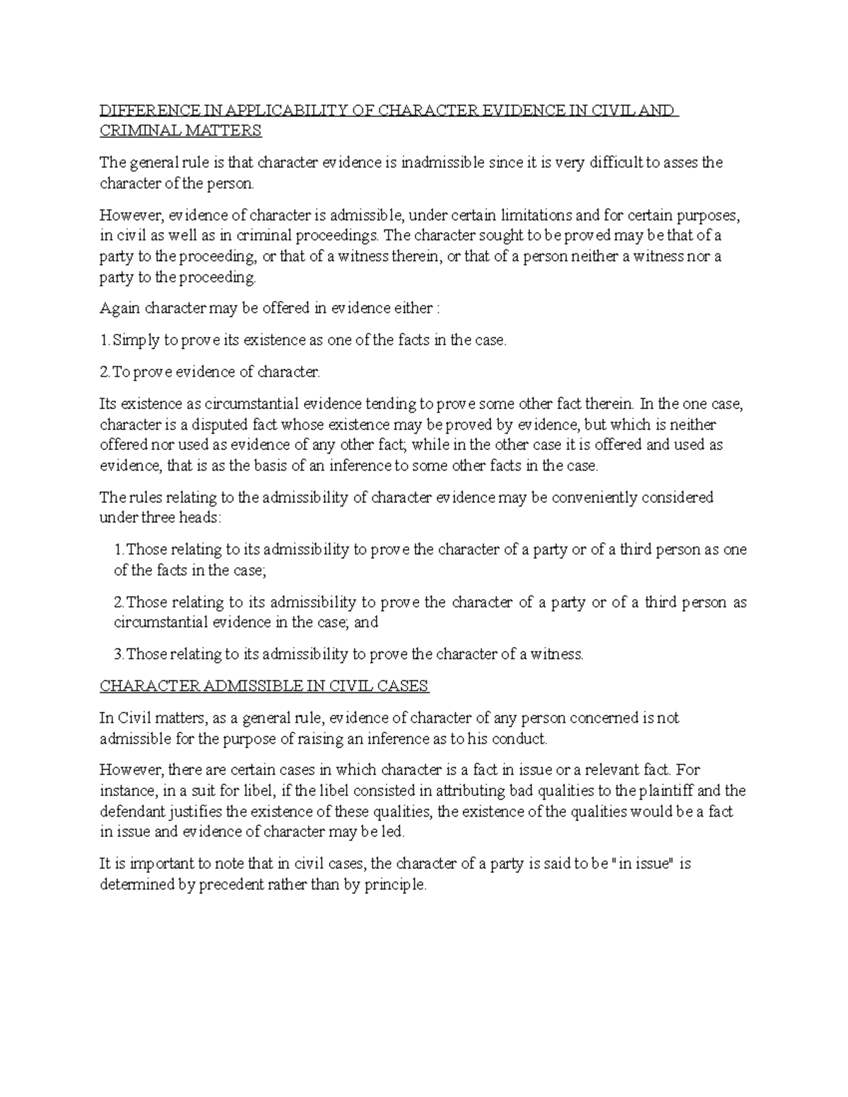 Difference IN Applicability OF Character Evidence in evidence law ...