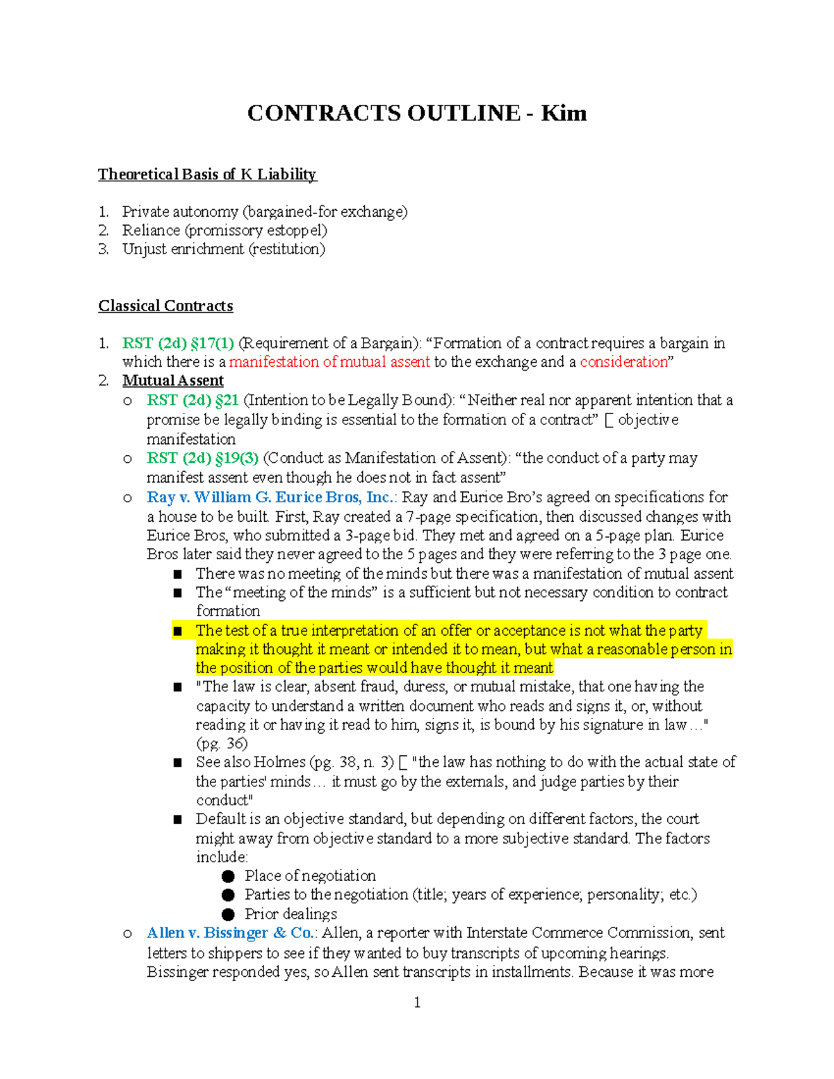 Contracts Kim - Outline - CONTRACTS OUTLINE - Kim Theoretical Basis of ...