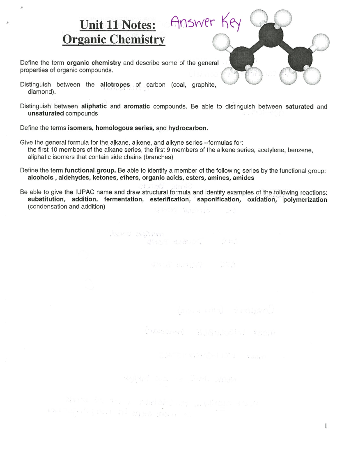Organic notes filled in - Unit 11 Notes: Answer Key Organic Chemistry ...
