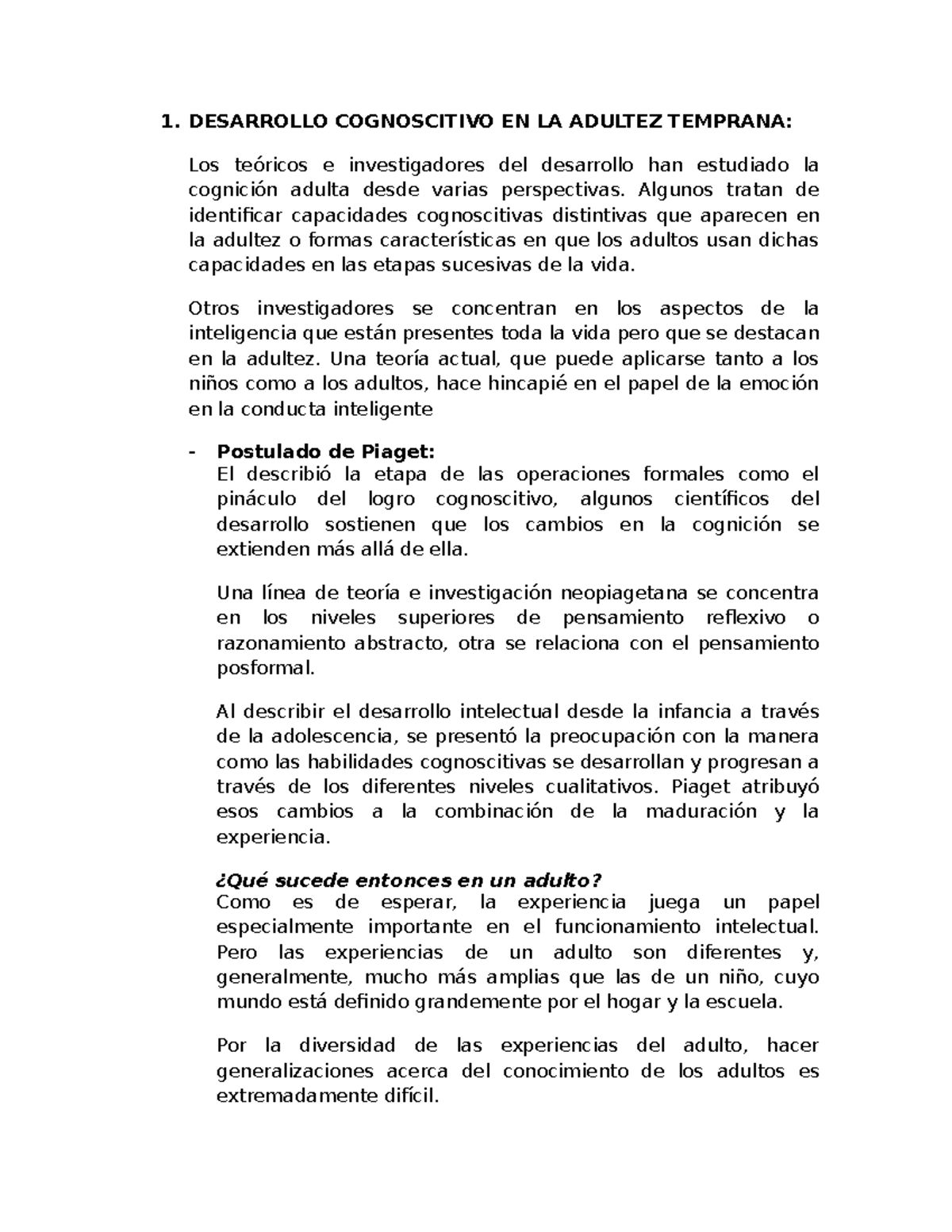 Desarrollo cognoscitivo de la adultez temprana - 1. DESARROLLO COGNOSCITIVO EN LA ADULTEZ ...