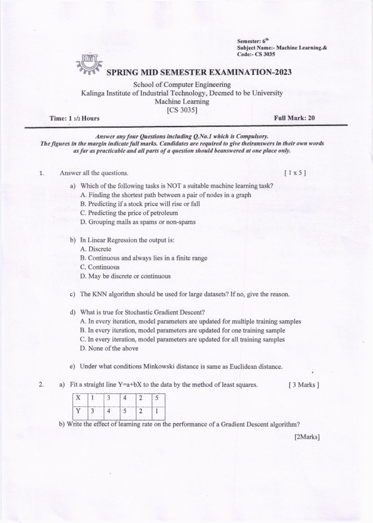 6th Semester, B. Tech, Machine Learning, CS 3035– Spring Mid Semester ...