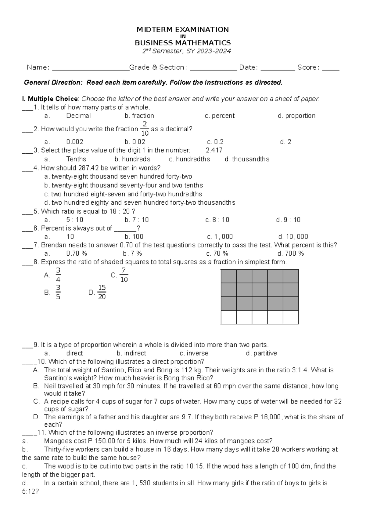 Midterm Business Math 2023-2024 - MIDTERM EXAMINATION IN BUSINESS ...