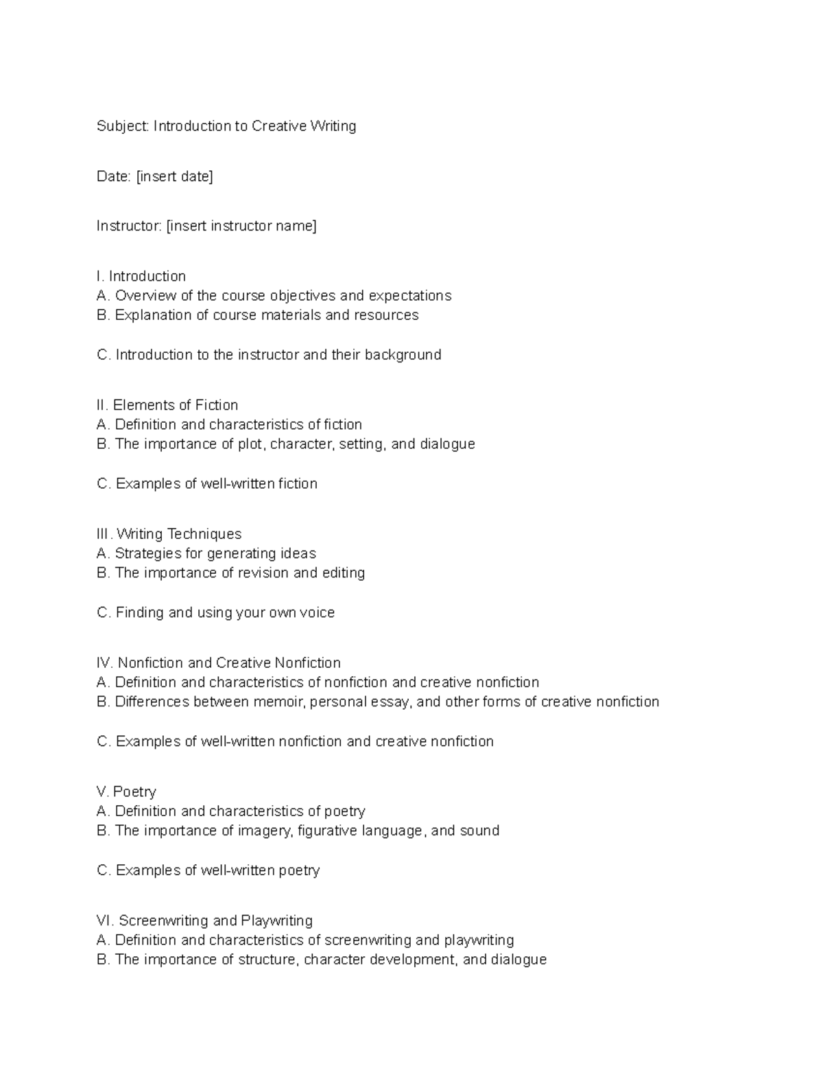 Subject Introduction to Creative Writing - Introduction A. Overview of ...