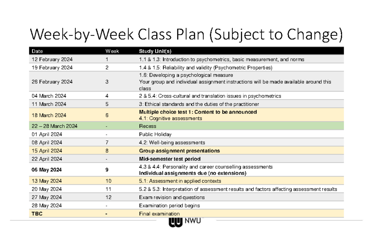 2024+Semester+Plan - Psychological evaluation - Week-by-Week Class Plan ...