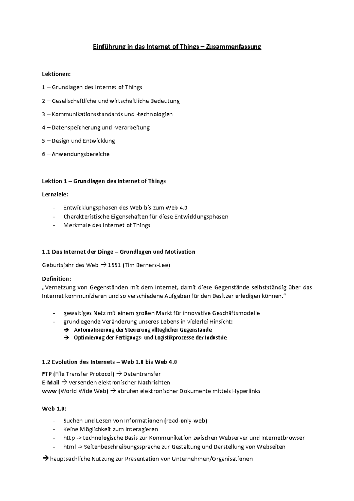 Internet of Things Zusammenfassung - Einführung in das Internet of ...