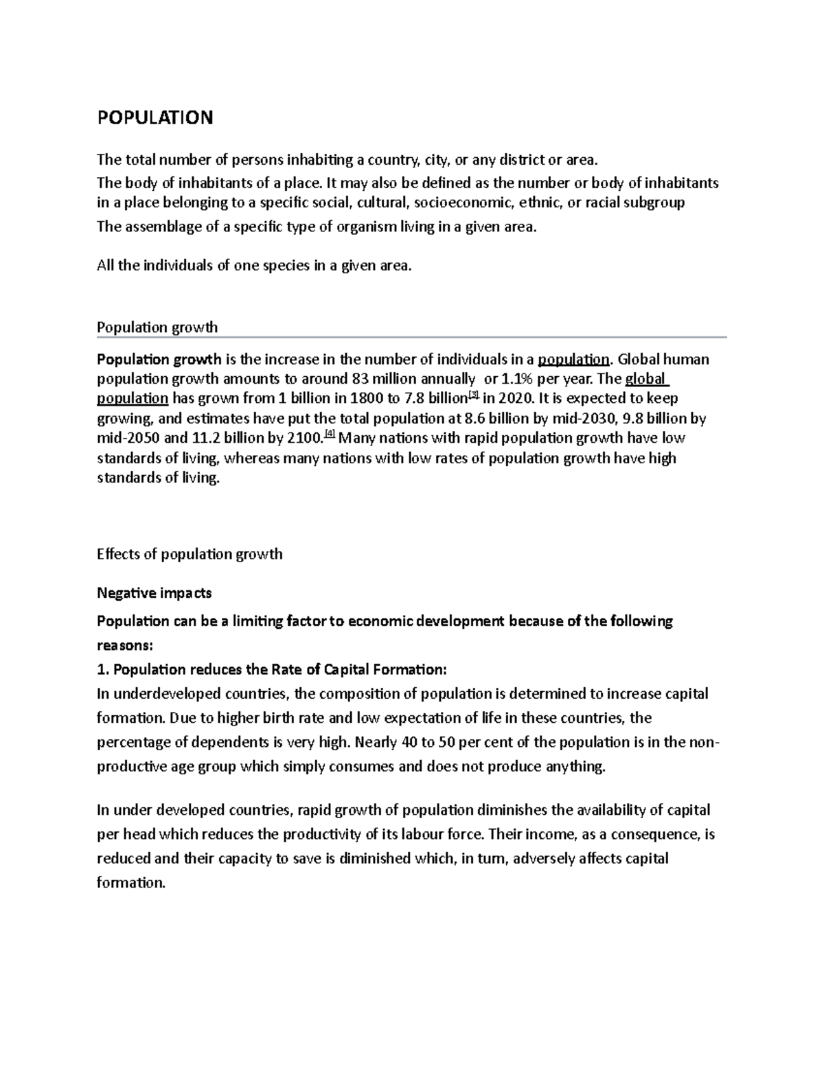 Population Notes - POPULATION The total number of persons inhabiting a ...