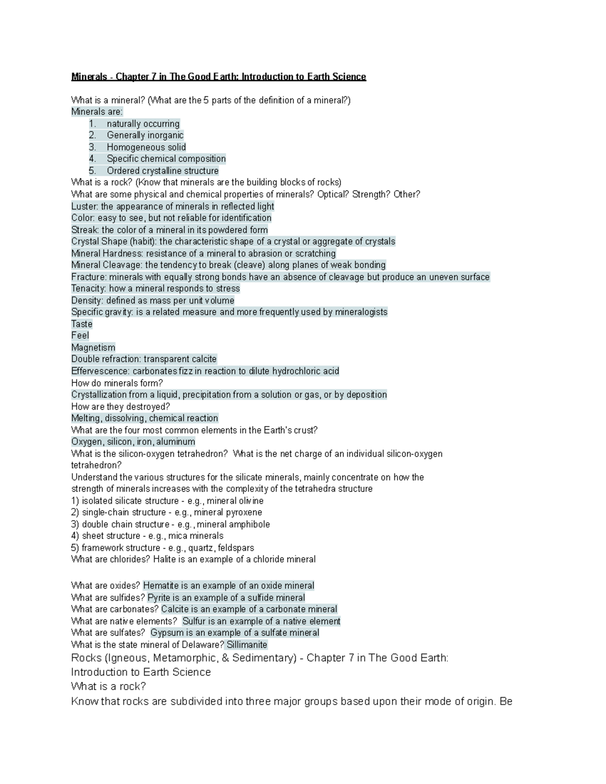 Geology 113 - Earth Science - Study Guide PART 1 - Minerals - Chapter 7 ...