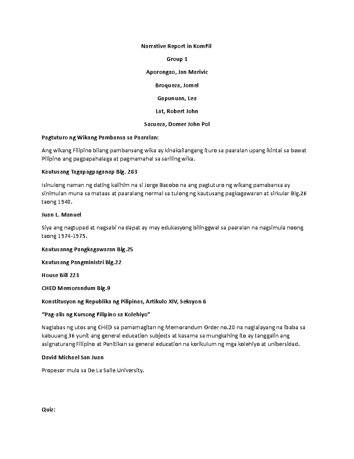 Narrative Report Group 1Kom Fil - Narrative Report in KomFil Group 1 ...