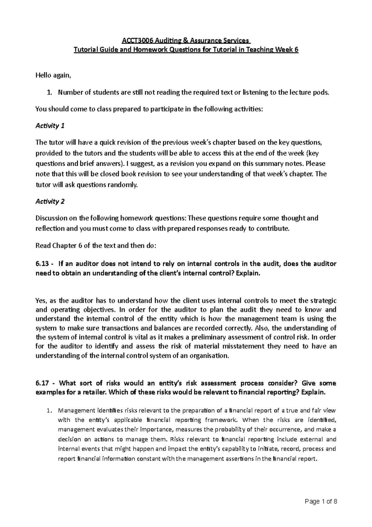 Week 6 - Protfolio - Audit - ACCT3006 Auditing & Assurance Services Tutorial Guide and Homework ...