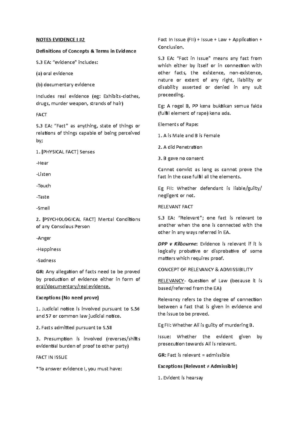 Notes Evidence I - NOTES EVIDENCE I Definitions of Concepts & Terms in ...