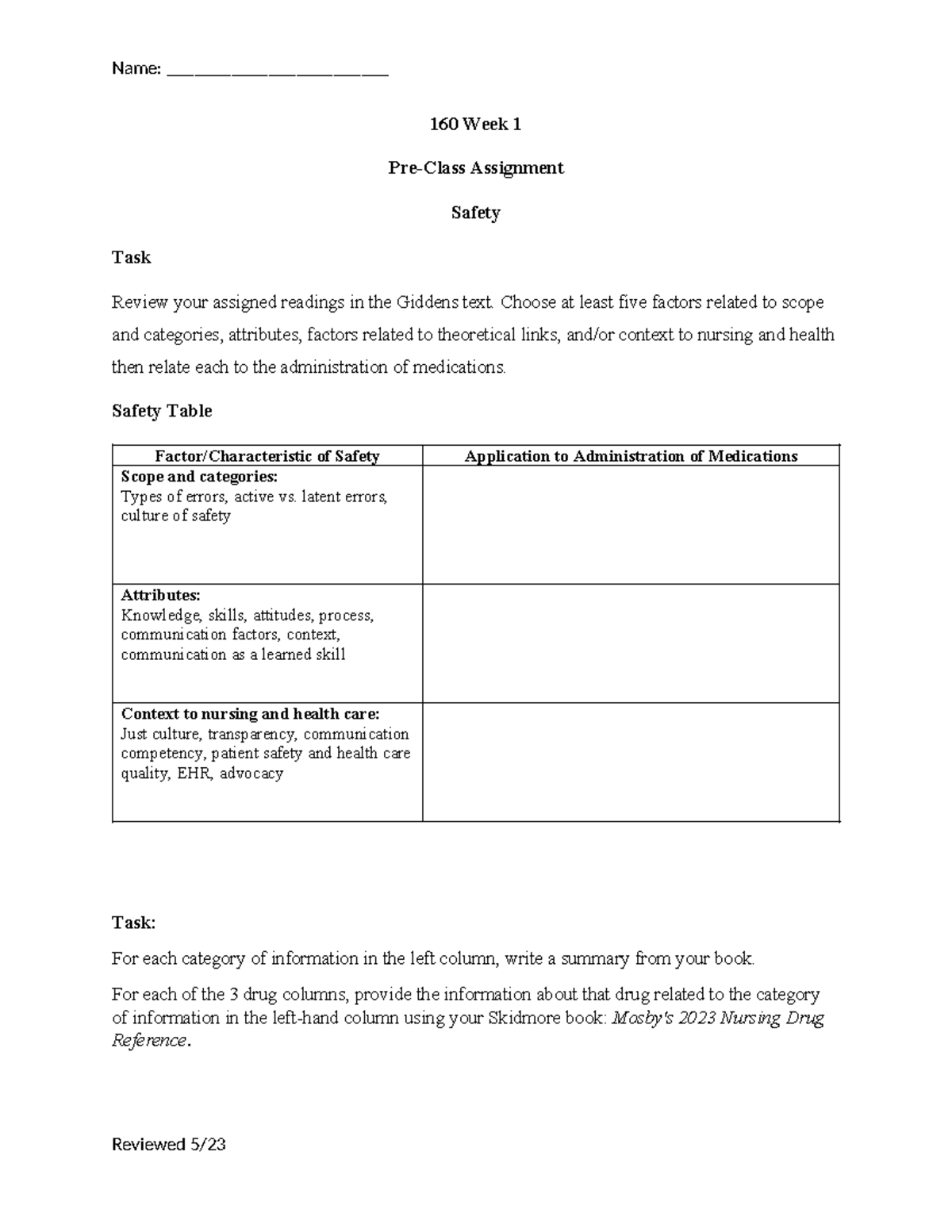 160 week 1 pre-class assignments Reviewed 100923 - 160 Week 1 Pre-Class Assignment Safety Task ...