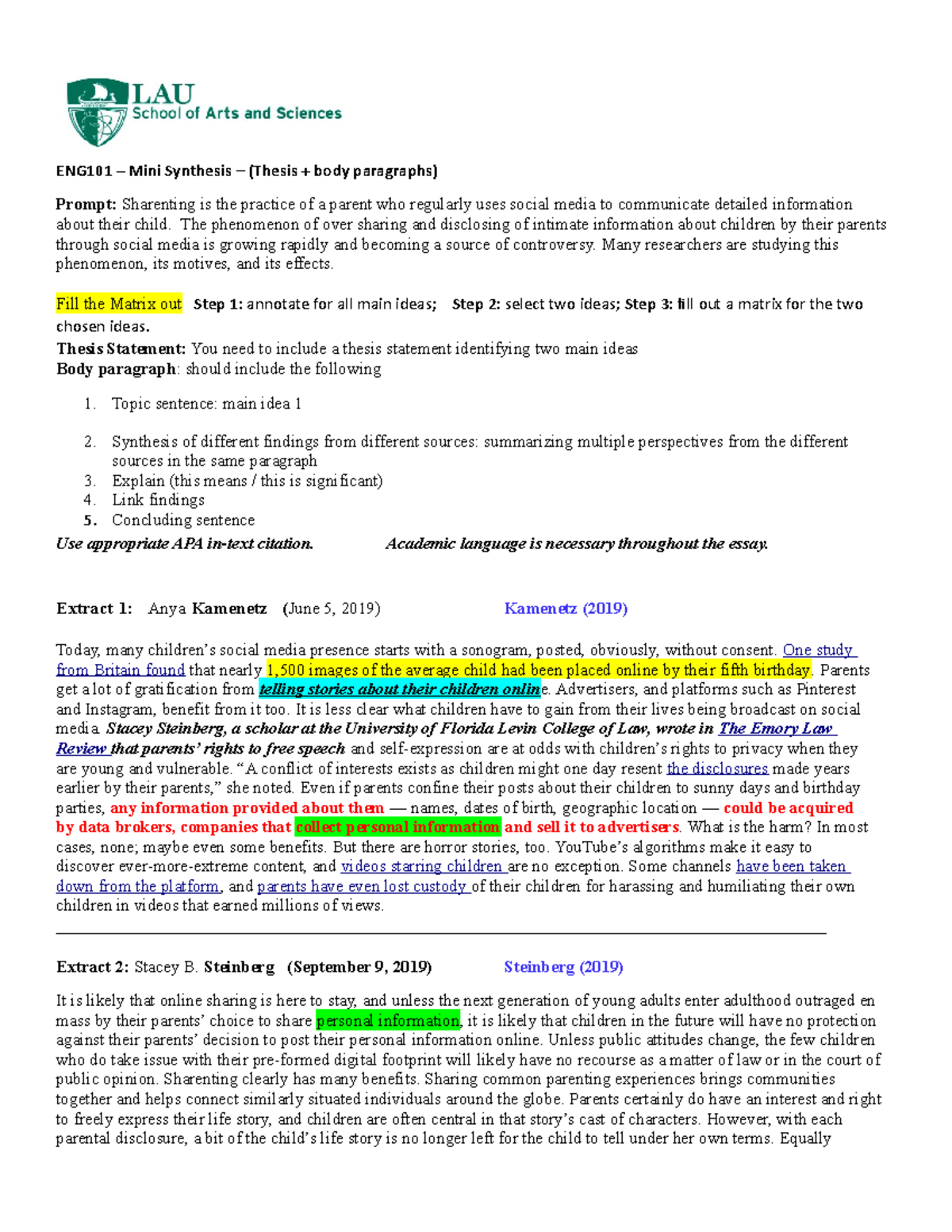 ENG 101 Extracts on sharenting fall 2020 Writing test 2 - ENG101 – Mini ...