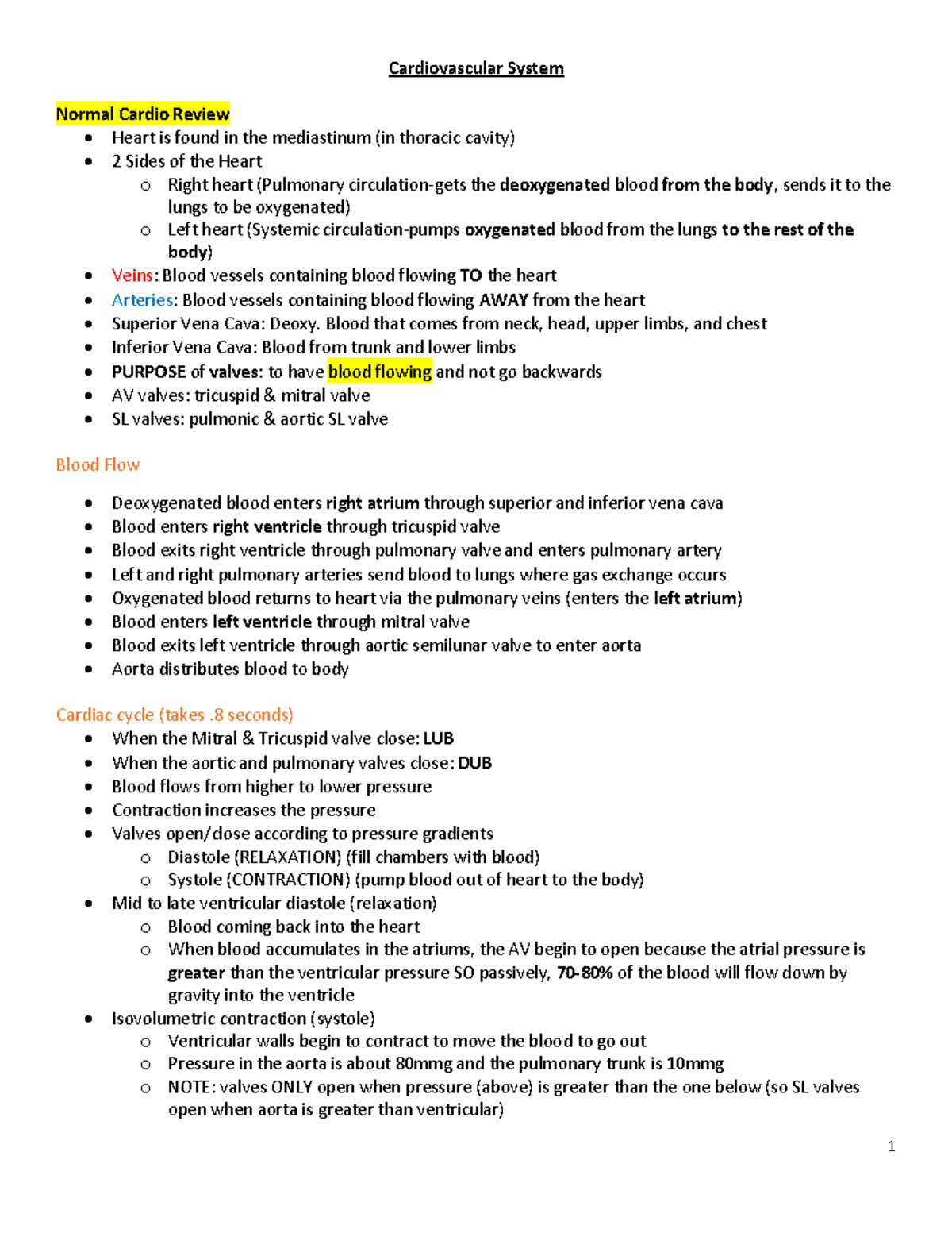 Outline - Cardiovascular - Cardiovascular System Normal Cardio Review ...