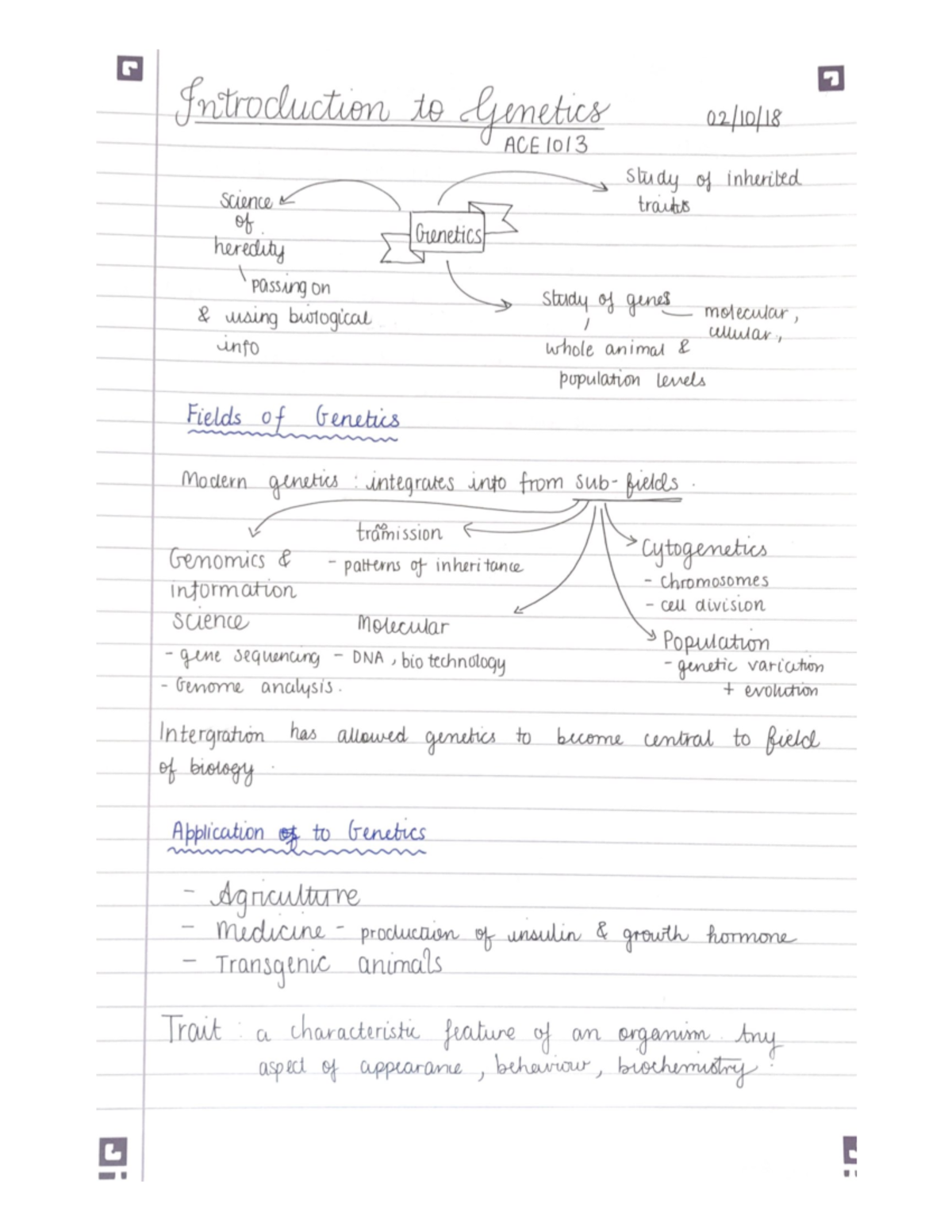 1. Intro Genetics Lecture - ACE1013 - Studocu