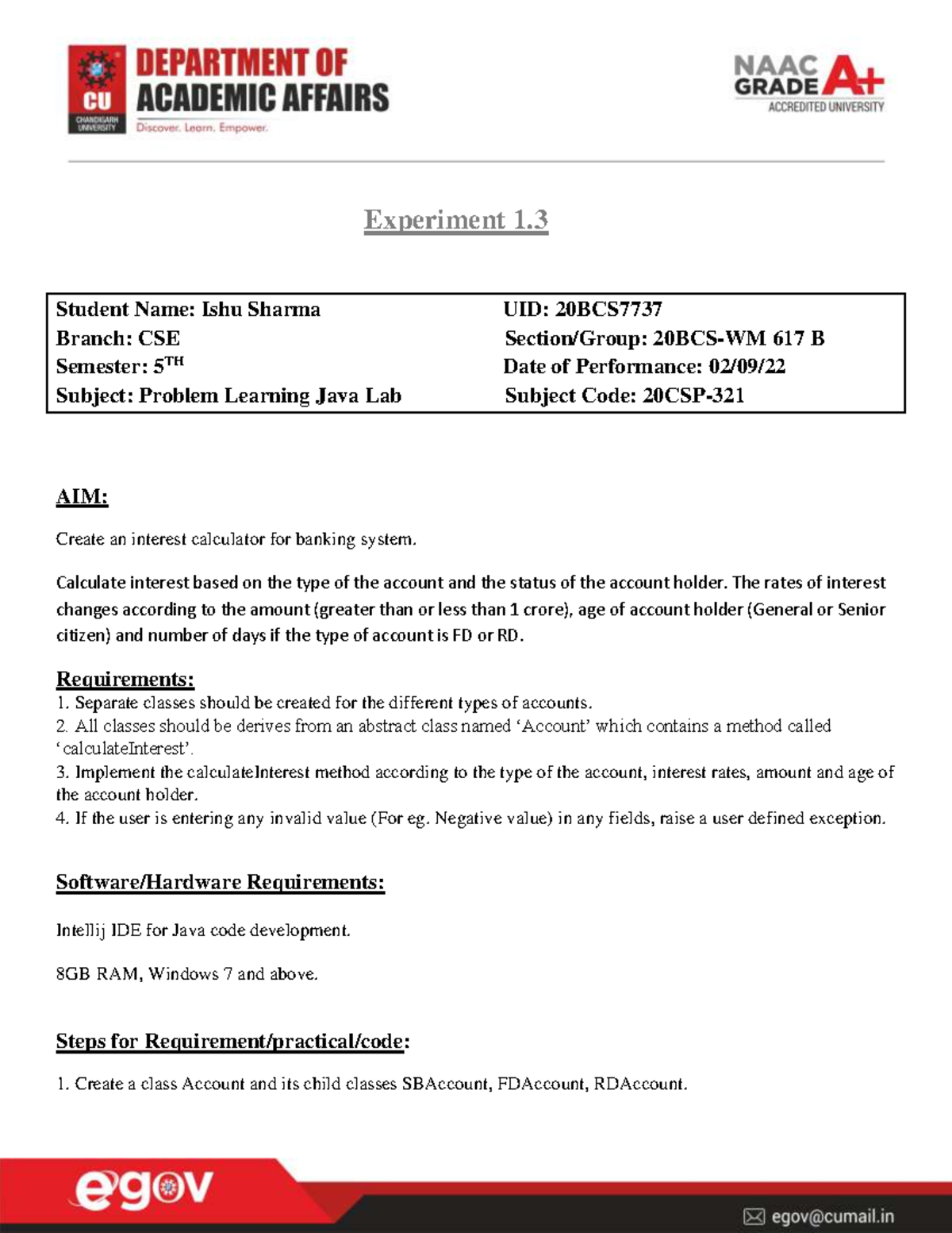 PBLJ 3 20BCS7737 - Worksheet - Experiment 1. Student Name: Ishu Sharma ...