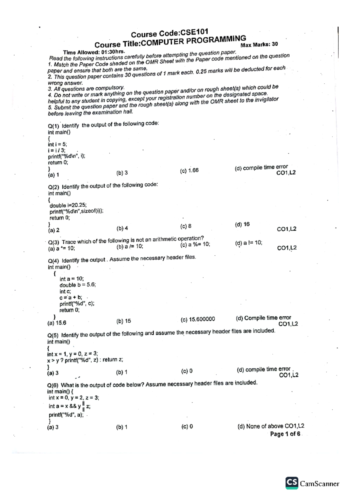 CSE101 Questions paper-1 - c language - Studocu