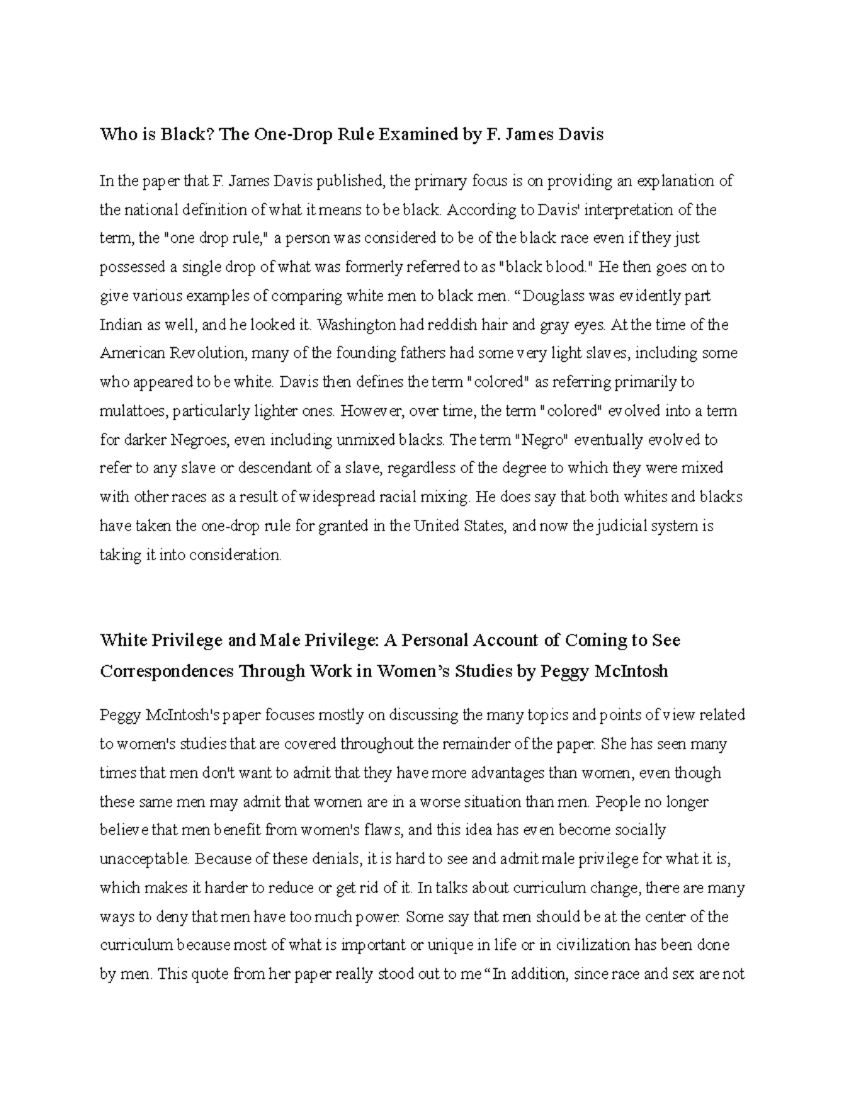 Reading summaries - Who is Black? The One-Drop Rule Examined by F ...