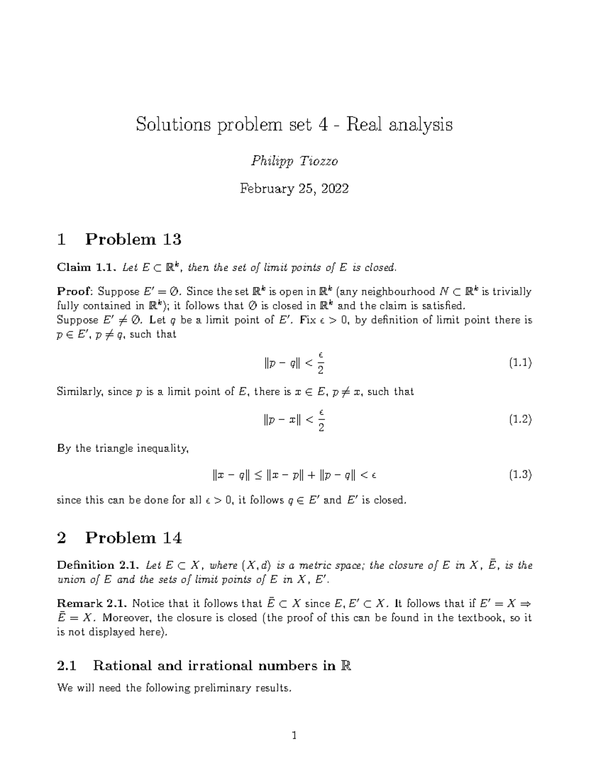 Solutions PS4 Real analysis - Solutions problem set 4 - Real analysis Philipp Tiozzo February 25 ...