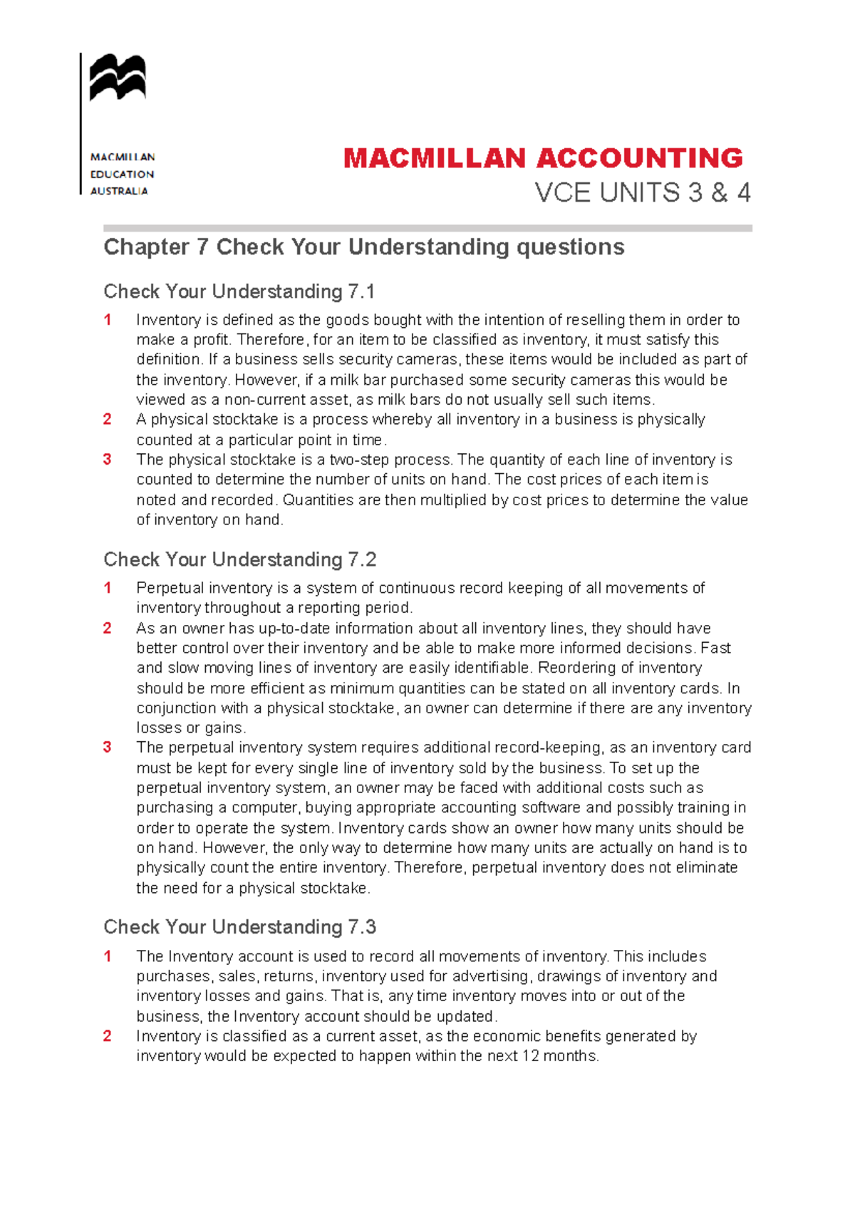 Week 7 check your understanding - MACMILLAN ACCOUNTING VCE UNITS 3 & 4 ...