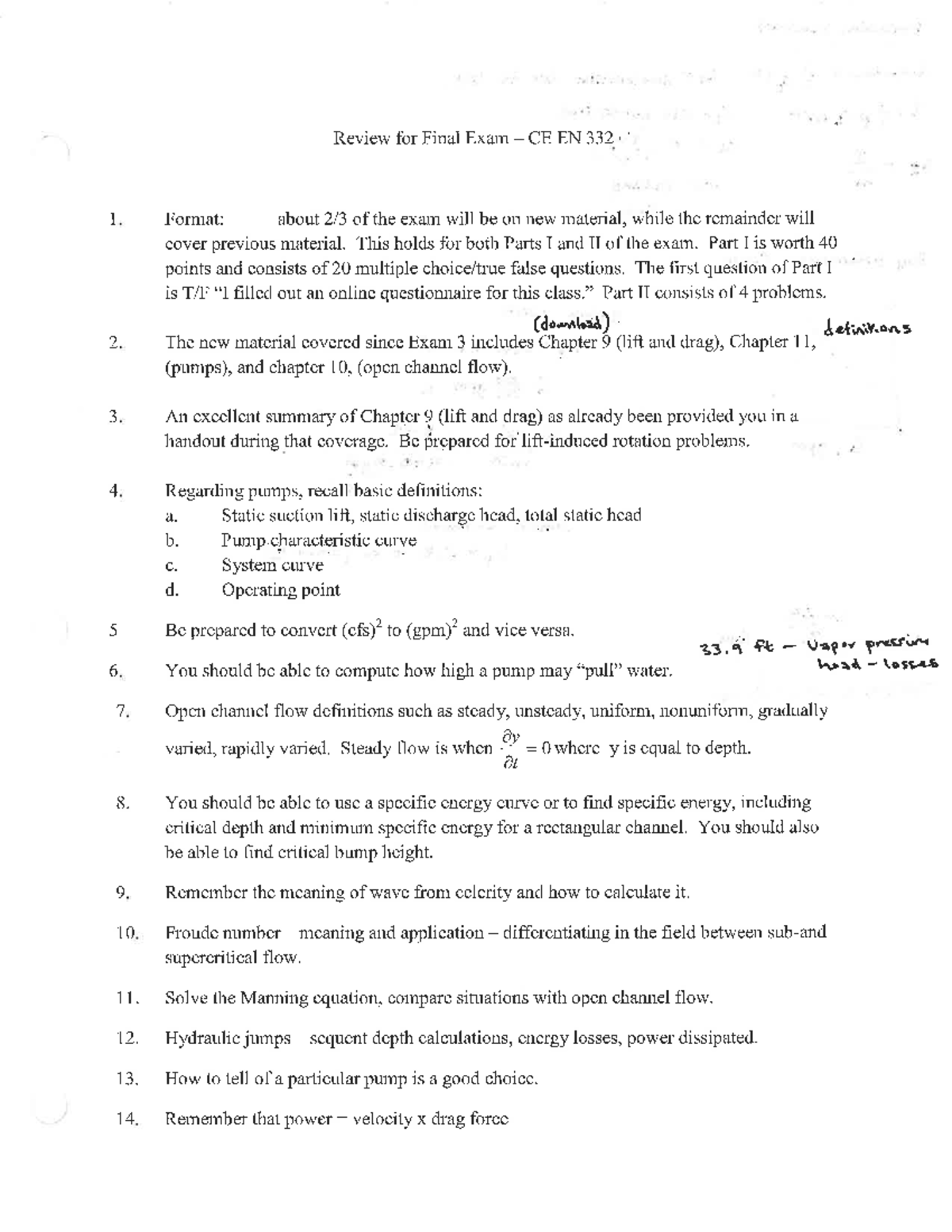 332 Final Review Notes - Review for Final Exam CE EN 332 1. Format ...