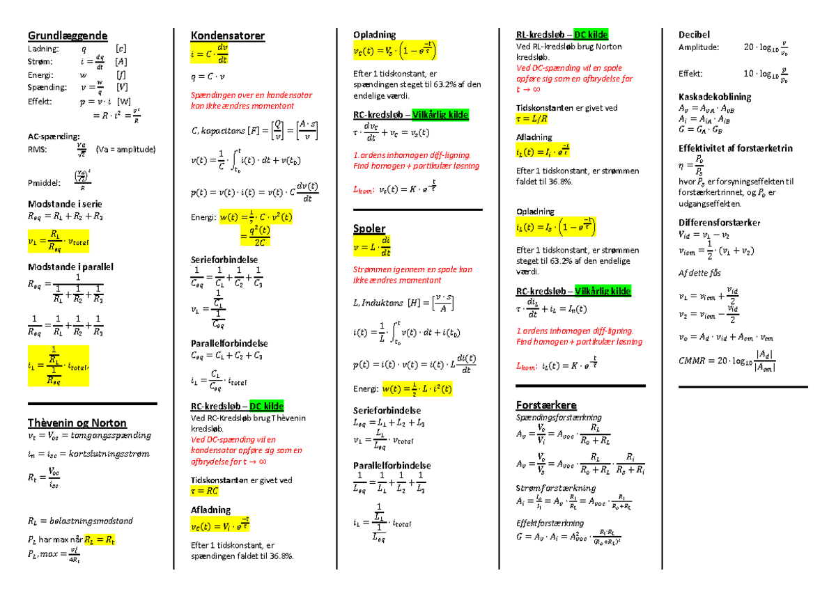 Cheat-sheet EK1 - Cheat-sheet - Warning: TT: undefined function: 32 Grundlæggende Ladning: 푞 [푐 ...