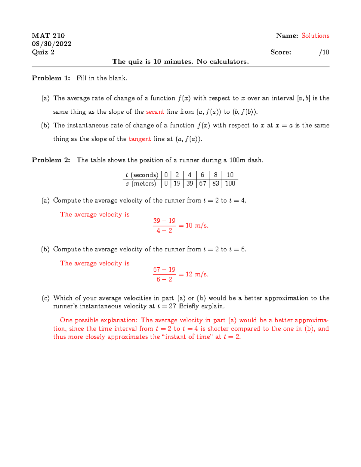 Quiz 2, Solutions - Answer Key to Questions on the assignment - MAT 210 ...