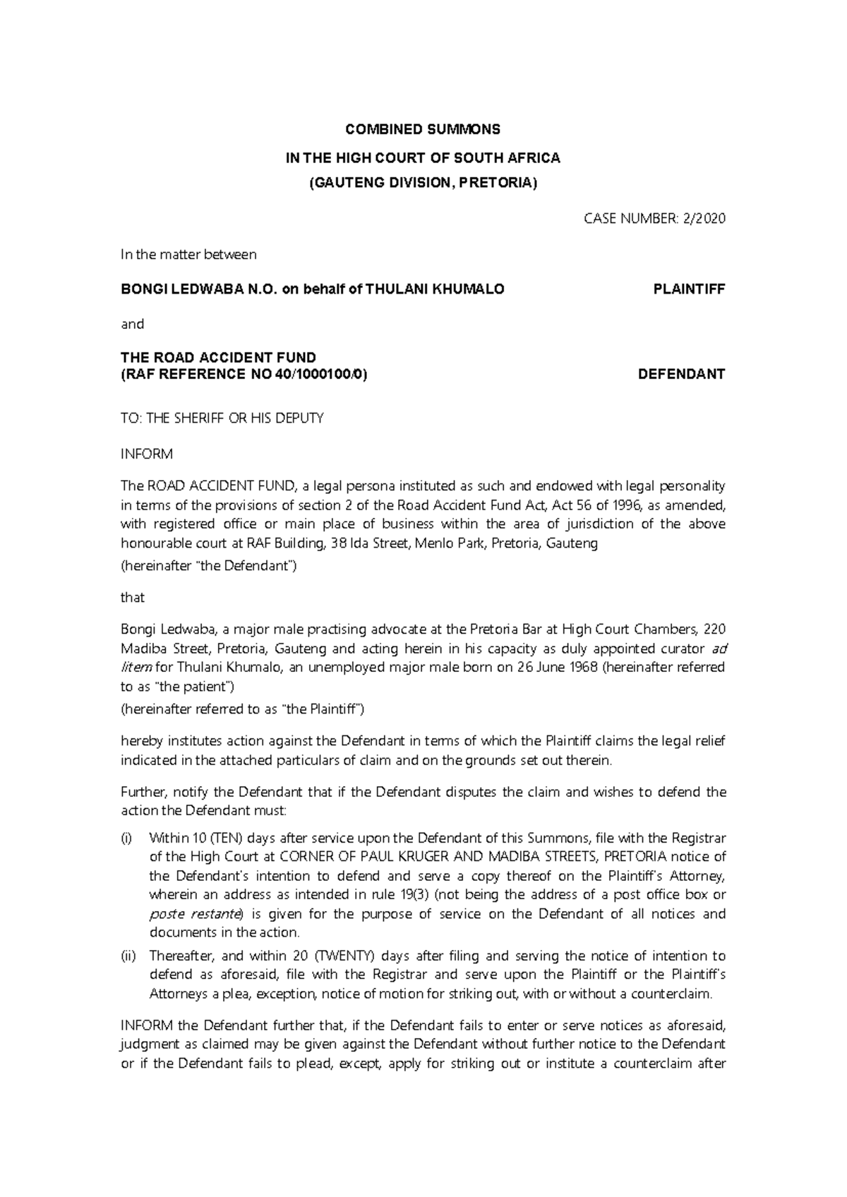 Example Combined Summons HC - COMBINED SUMMONS IN THE HIGH COURT OF ...