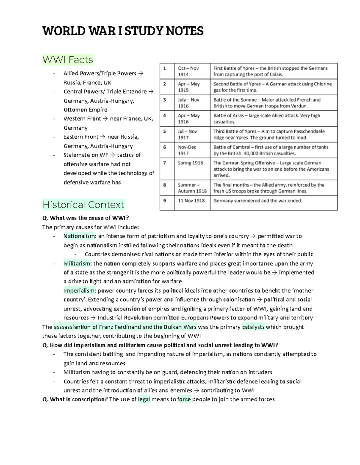 Modern WWI Study Notes - WORLD WAR I STUDY NOTES WWI Facts Allied ...