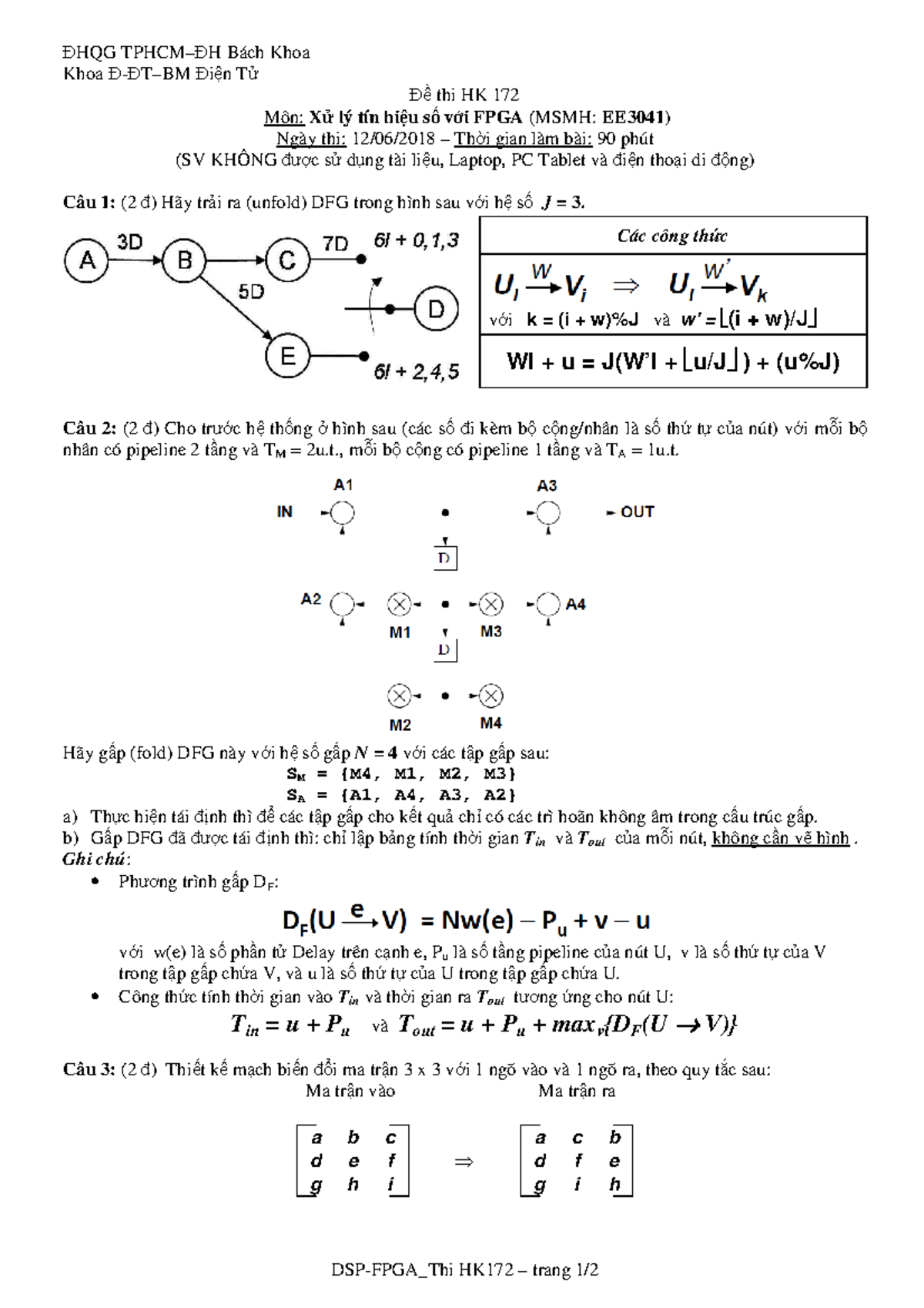 DSP FPGA-172 Thi HK - 123 - DSP-FPGA_Thi HK172 – trang 1/ ĐHQG TPHCM–ĐH Bách Khoa Khoa Đ-ĐT–BM ...