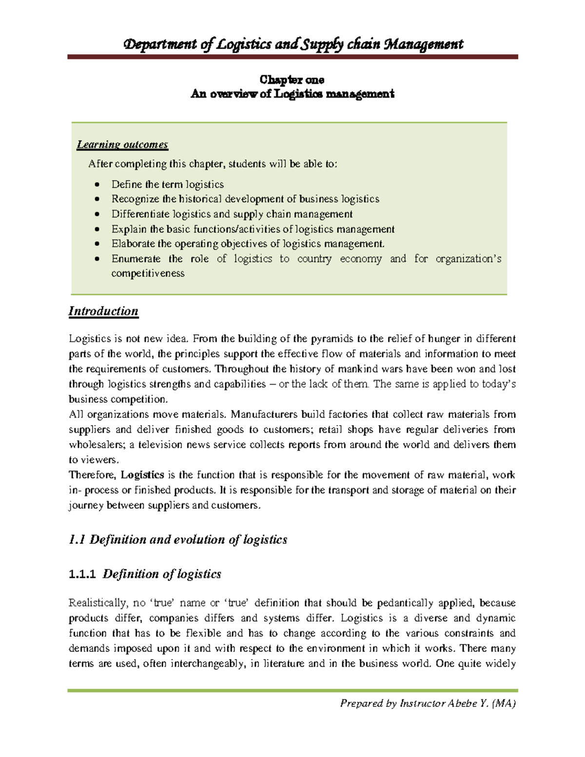 Introduction to Logistics management - Chapter one An overview of ...