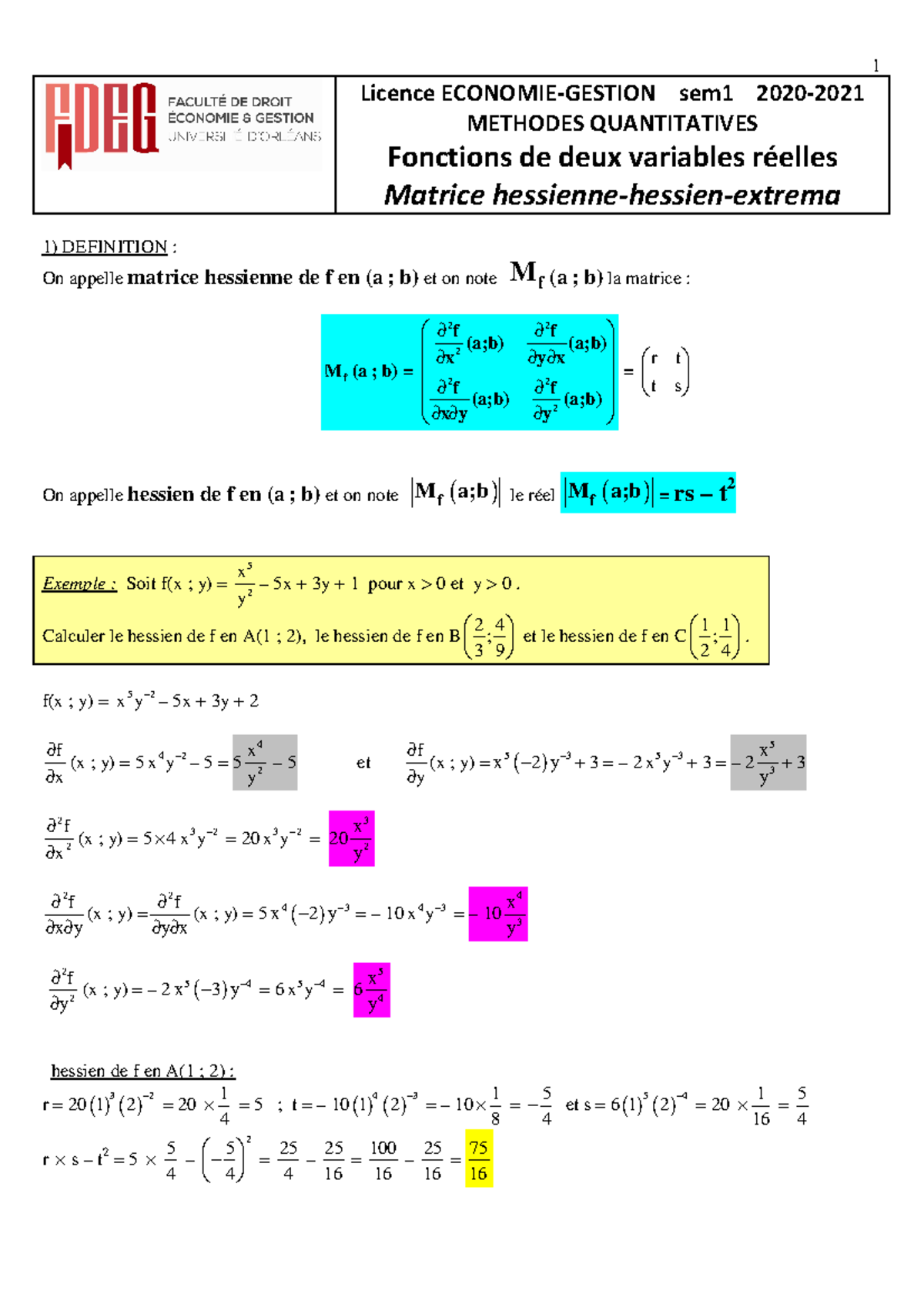 L1EG sem1 20-21 fns de deux variables Matrice Hessienne- Hessien ...