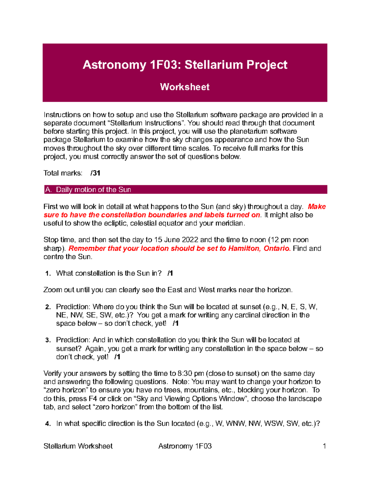 Astron 1F03 Project - Stellarium Project - Worksheet - Astronomy 1F03 ...