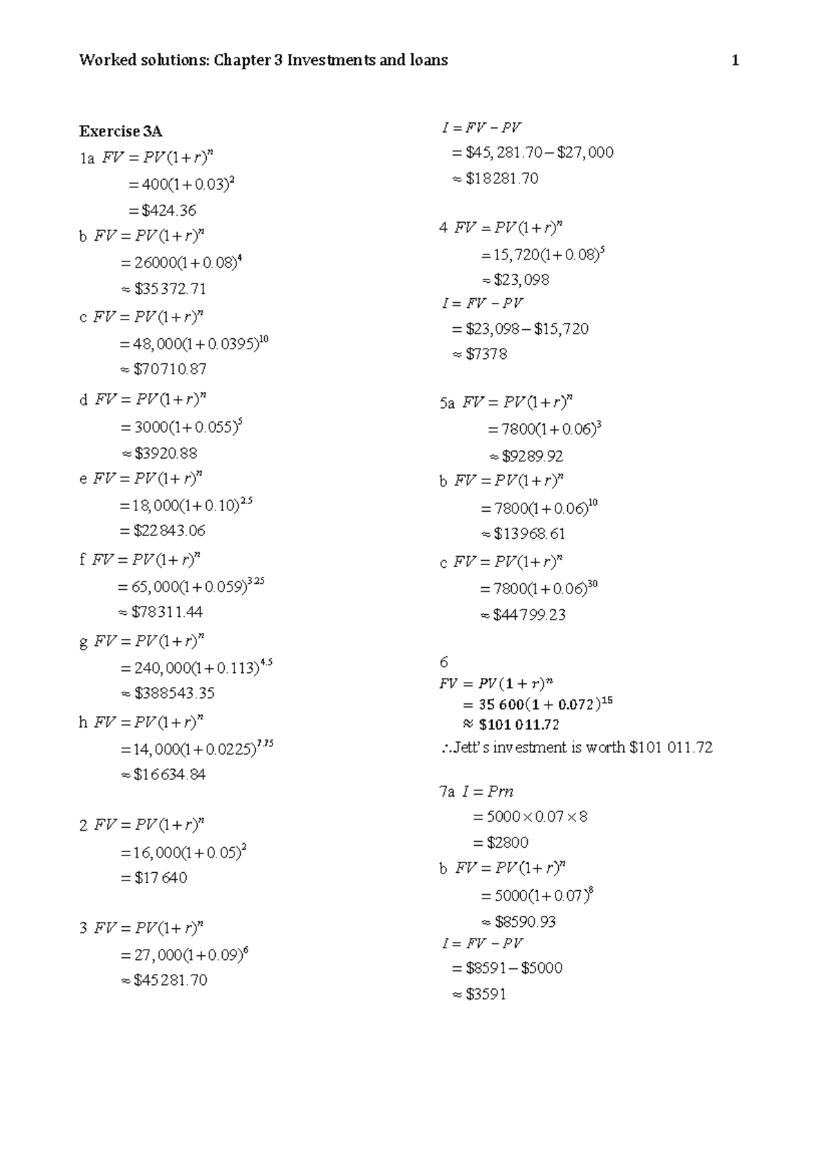Cambridge YEAR 12 HSC chapter 3 Worked solutions - Exercise 3A 1a FV ...