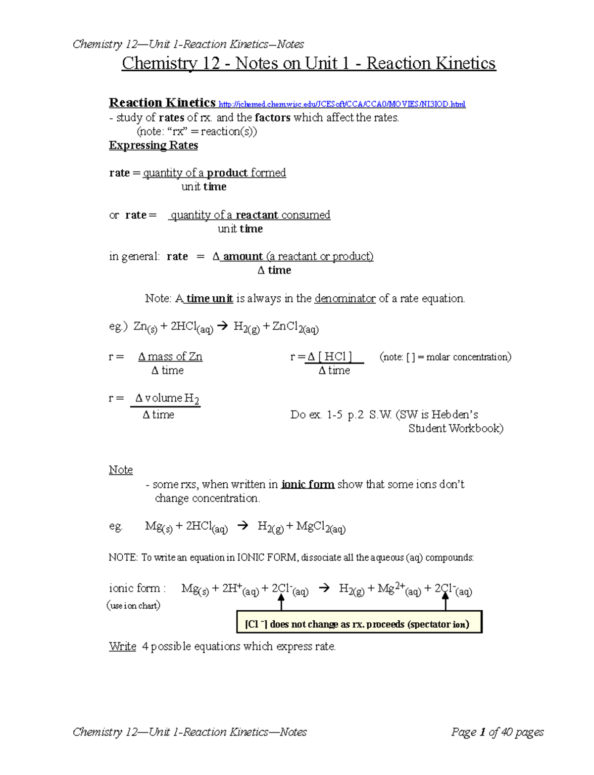 Unit1notes - Chemistry 12 - Chemistry 12 - Notes on Unit 1 - Reaction ...