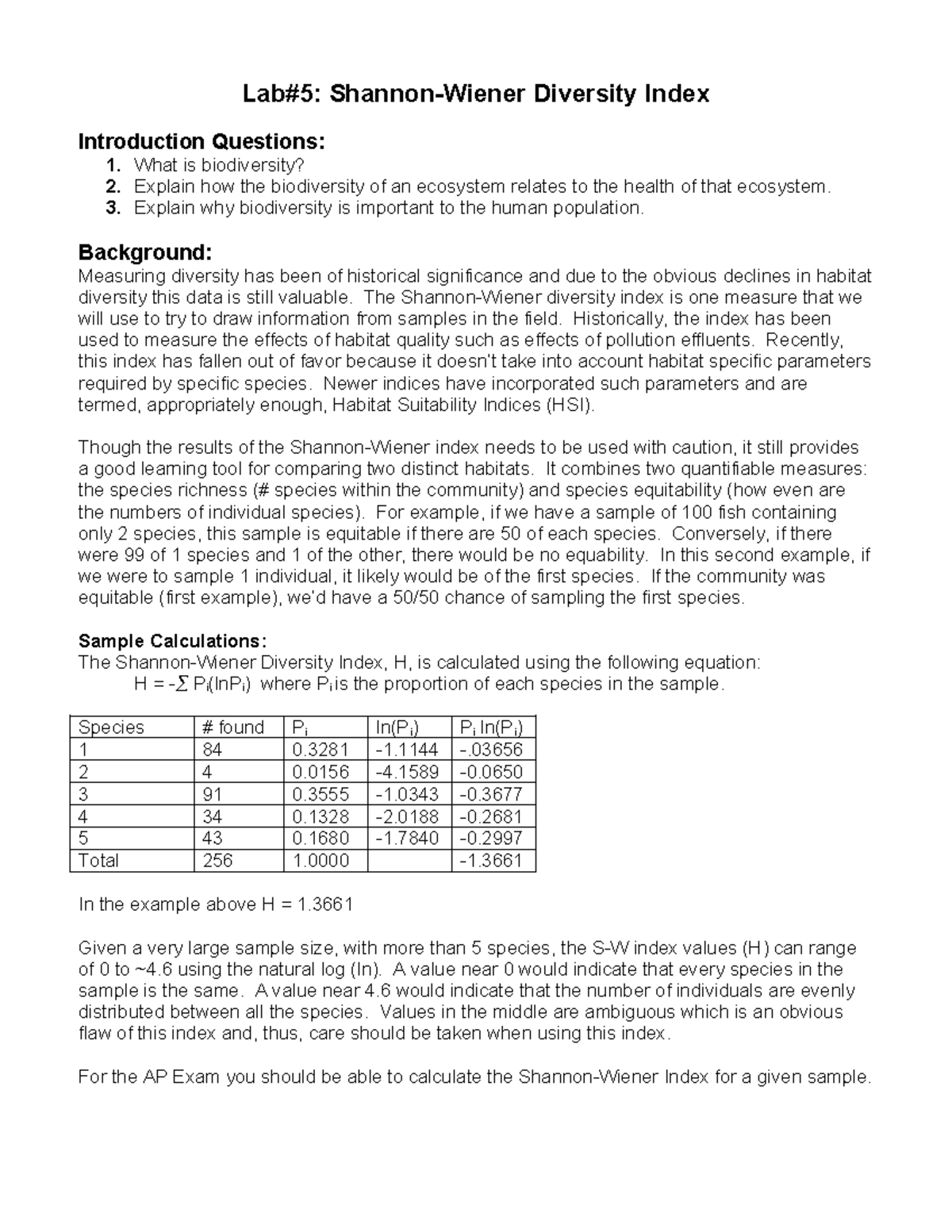 Lab5 Shannon Diversity Index - Lab#5: Shannon-Wiener Diversity Index ...