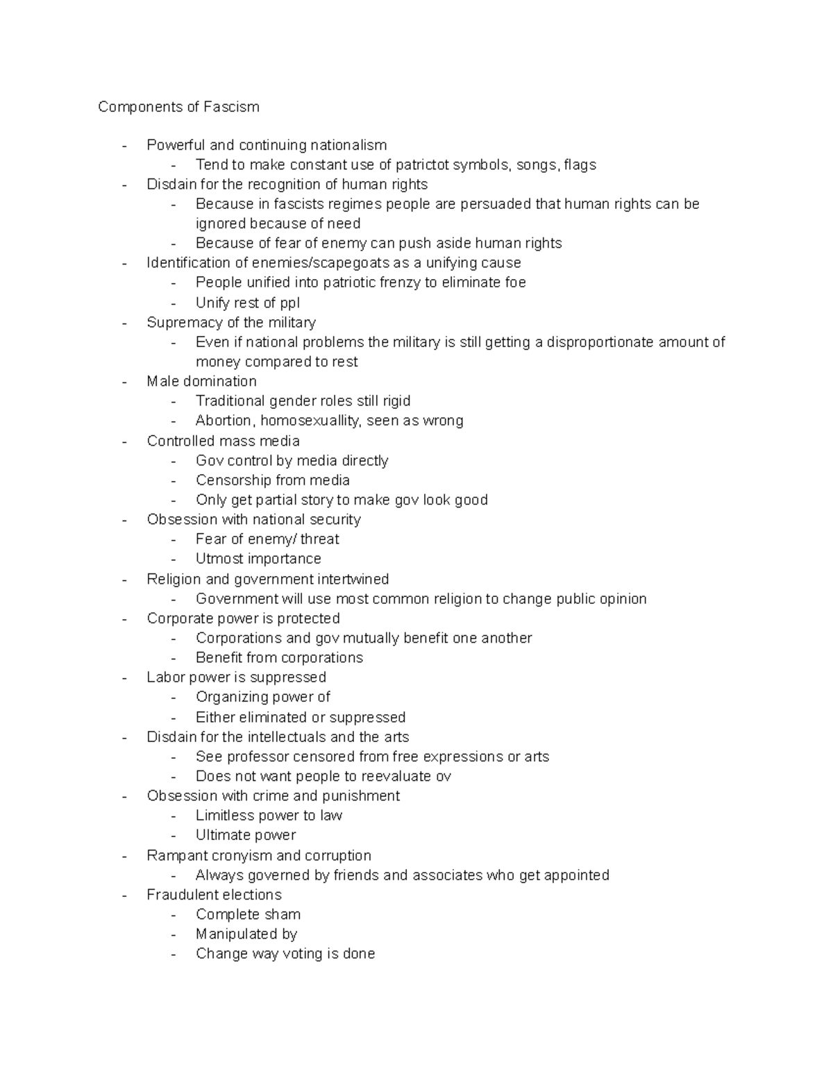 Final study guide - review - Components of Fascism Powerful and ...