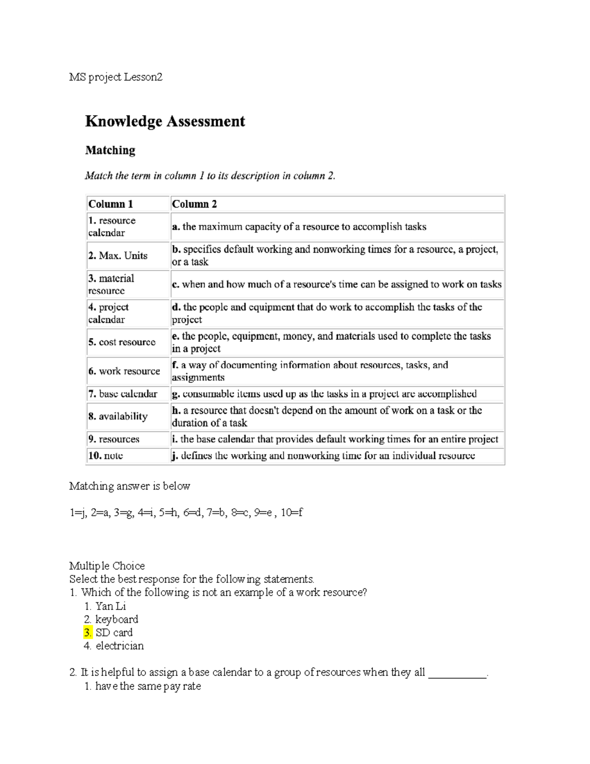 MS project Lesson 2 x - MS project Lesson Matching answer is below 1=j ...