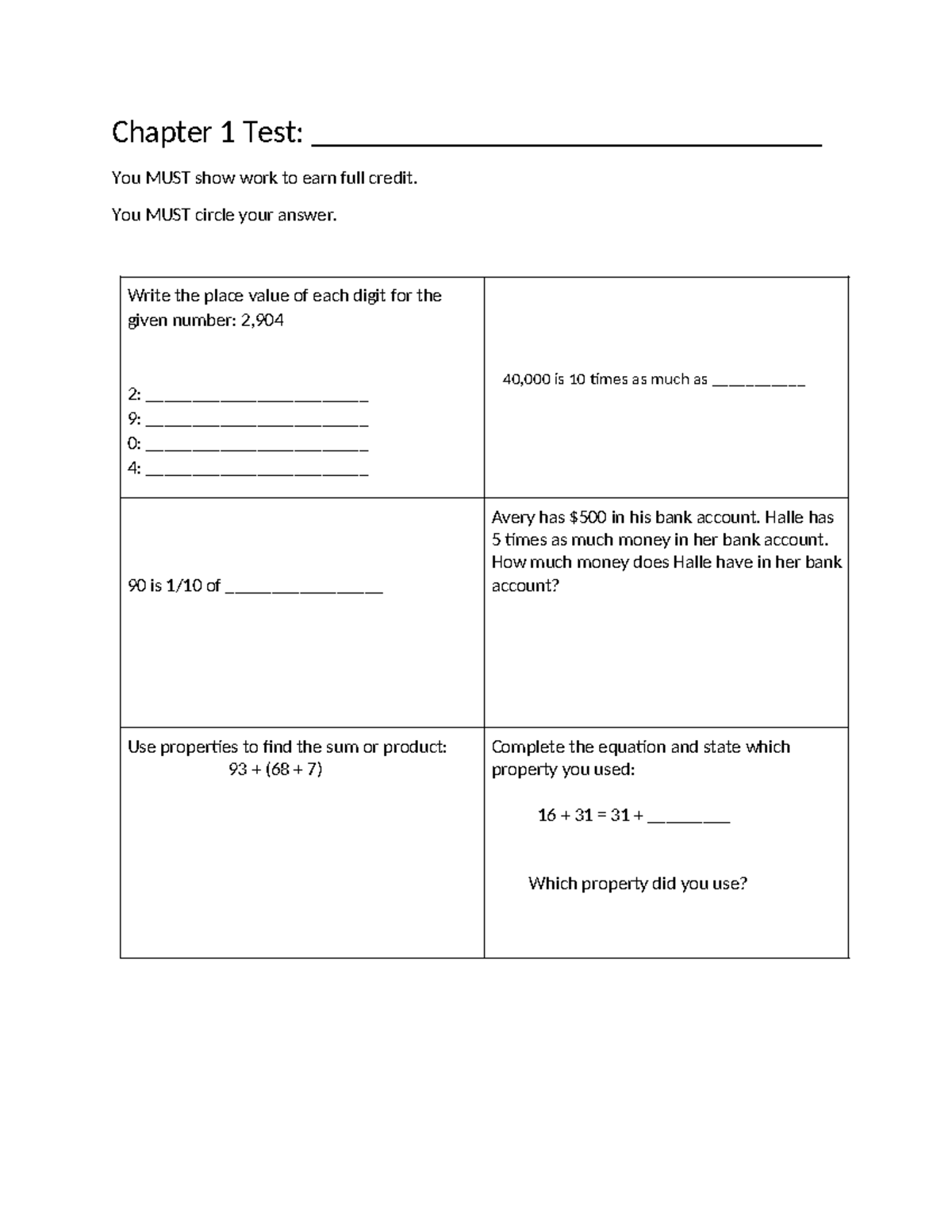 Chapter 1 math tes - math - Chapter 1 Test ...
