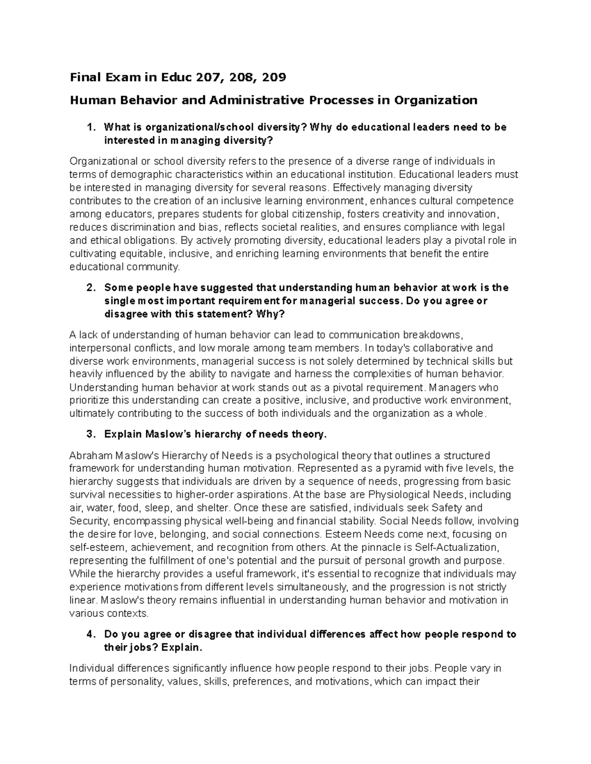 Final Essay in Educ 207 - Final Exam in Educ 207, 208, 209 Human Behavior and Administrative ...