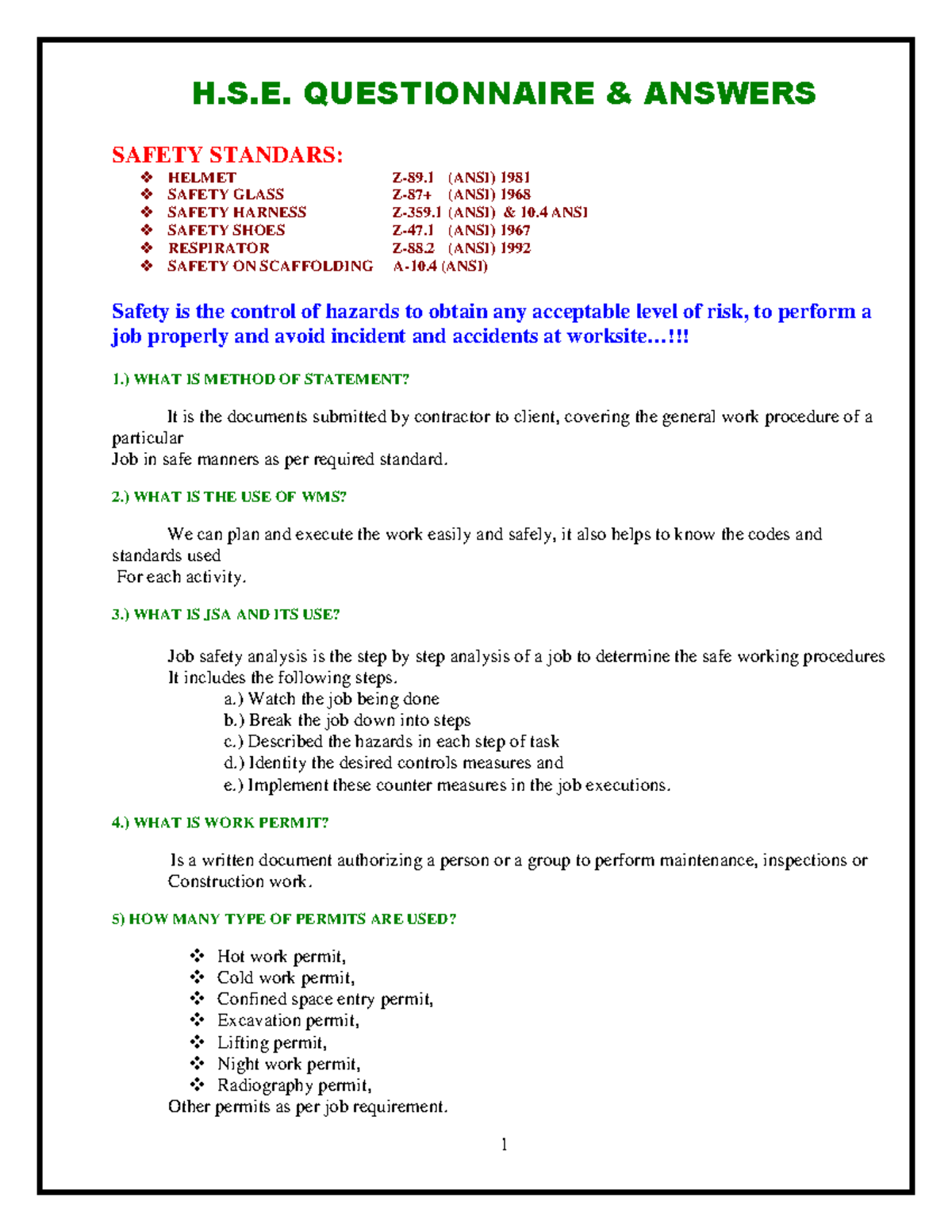 Safety Questions AND Answers-1 - H.S. QUESTIONNAIRE & ANSWERS SAFETY ...