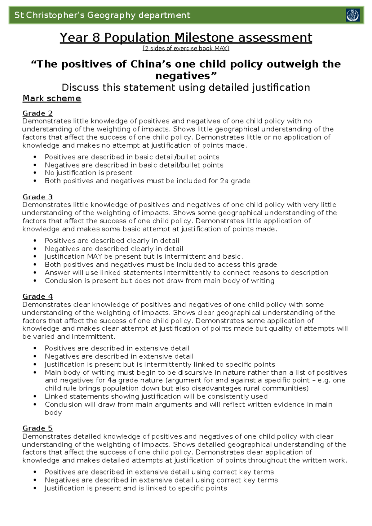 Year 8 Population Milestone assessment - St Christopher’s Geography ...