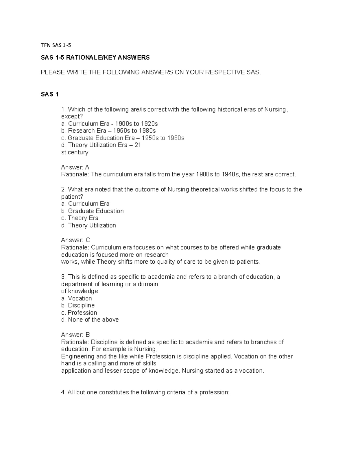 Theoretical Foundations of Nursing SAS 1-5 - TFN SAS 1- SAS 1-5 ...
