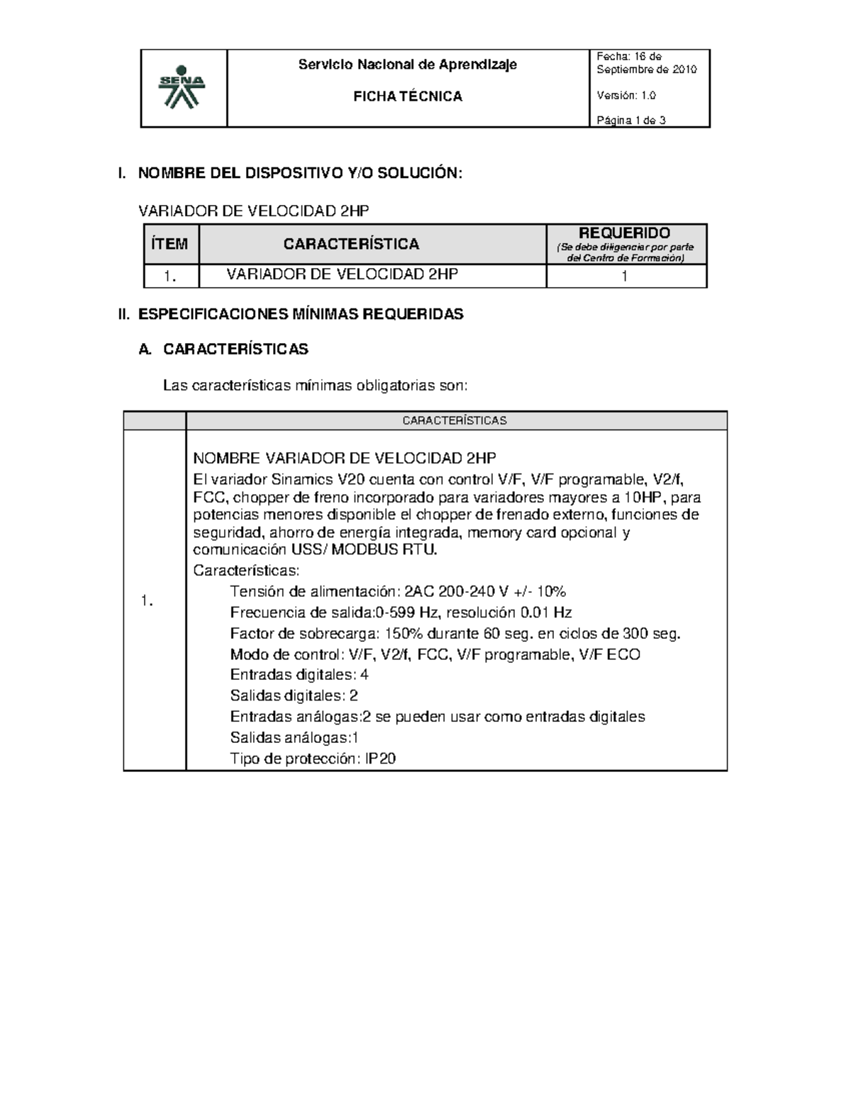 2 Ficha Tecnica - variador Sinamics V20 - Servicio Nacional de Aprendizaje FICHA TÉCNICA Fecha ...