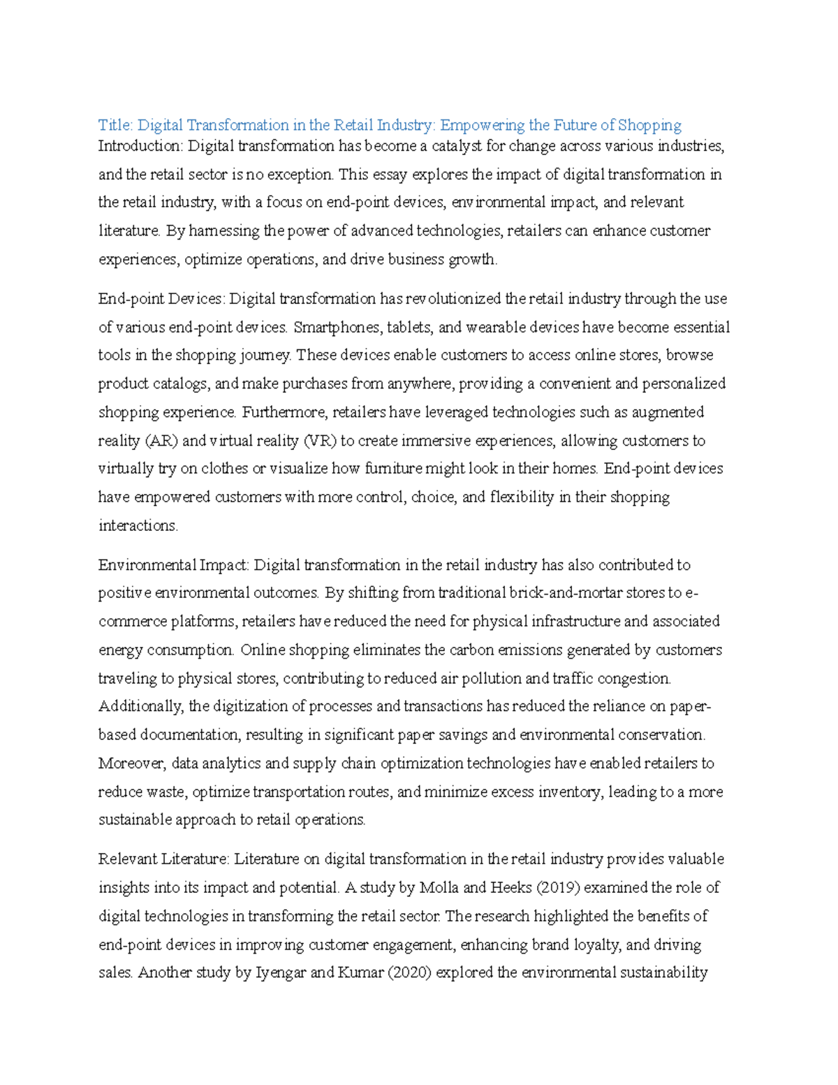 Digital transformation - This essay explores the impact of digital transformation in the retail ...