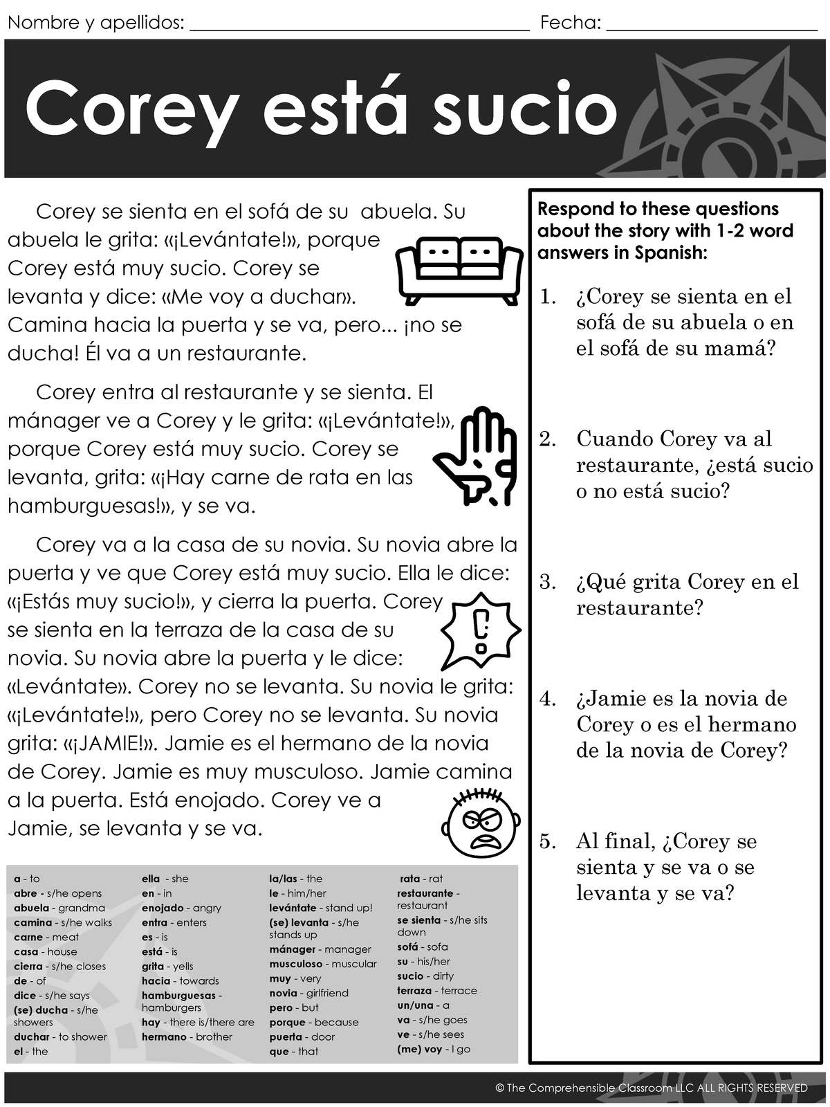 Spanish Story answers - Corey está sucio © The Comprehensible Classroom ...