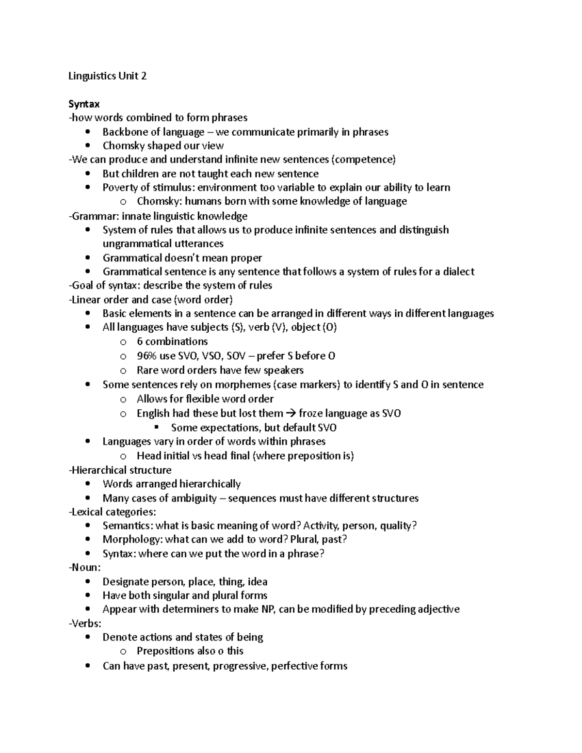 Linguistics Exam 2 Review Guide - Linguistics Unit 2 Syntax -how words ...