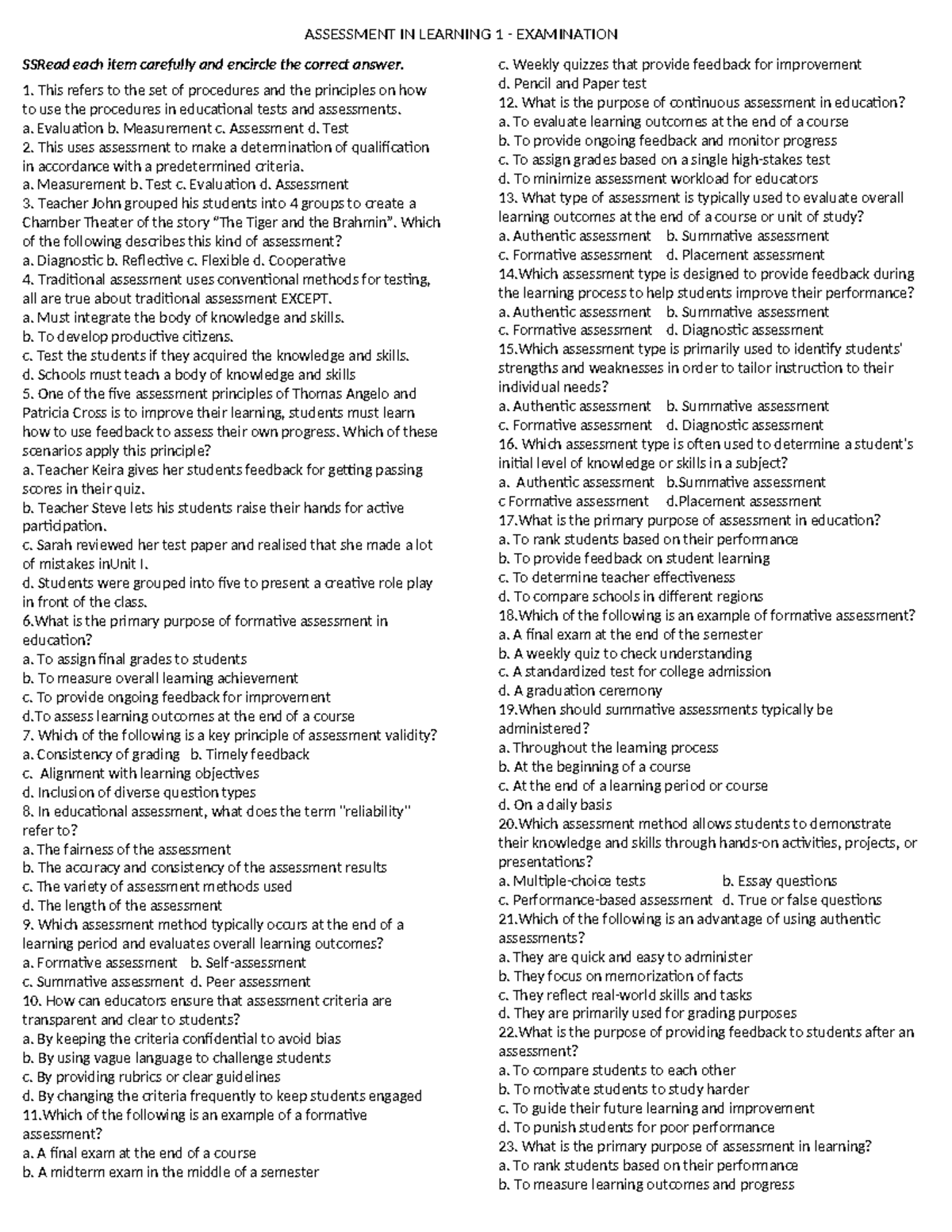 Assessment IN Learning 1 Questions - SSRead each item carefully and ...