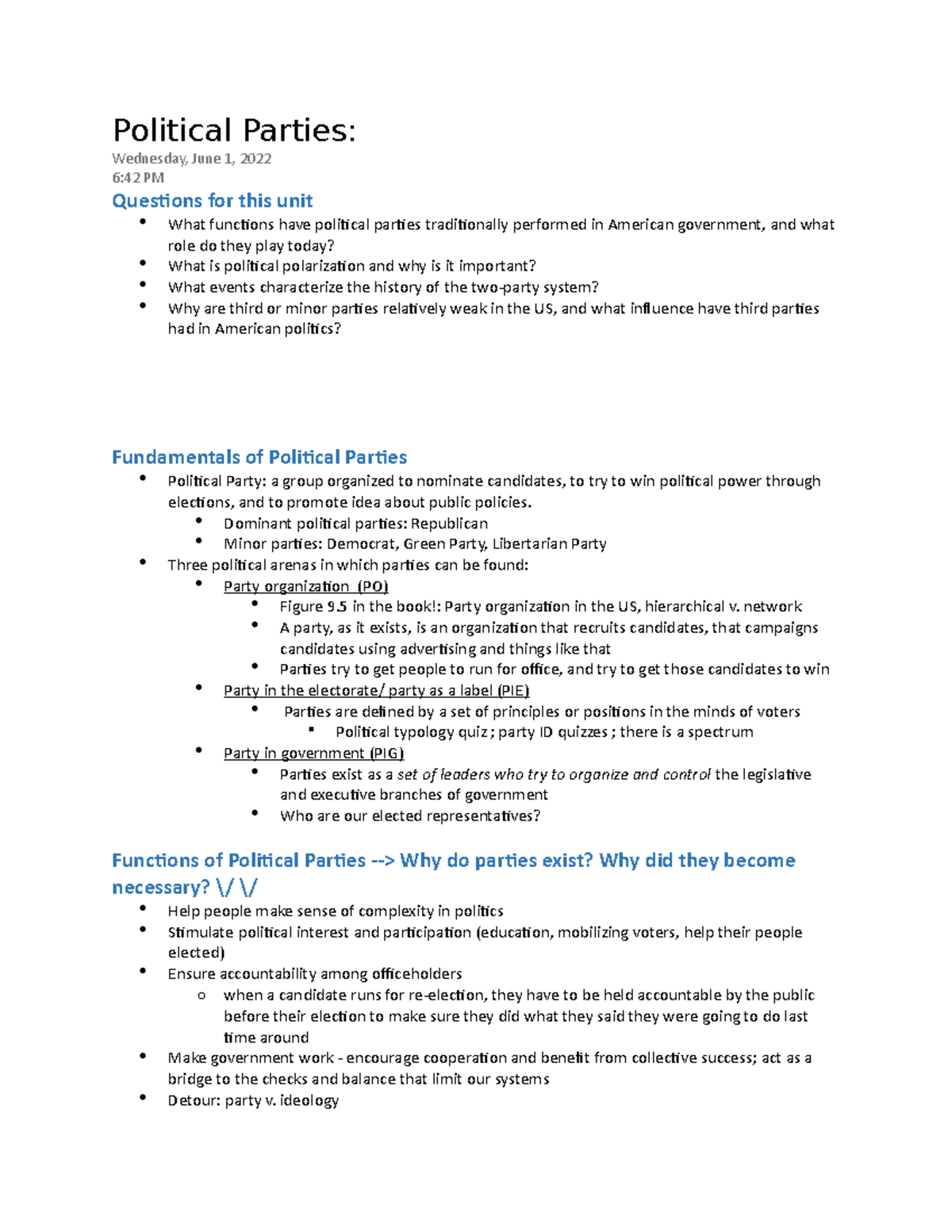Political Parties Notes - Political Parties: Wednesday, June 1, 2022 6: ...