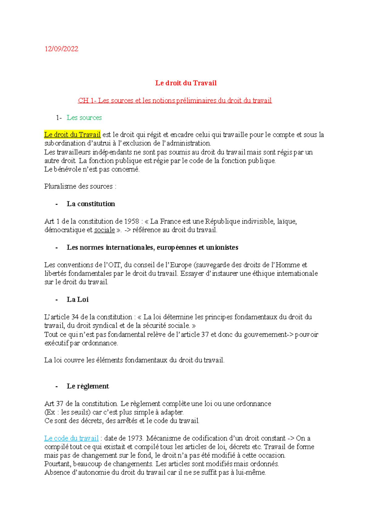 Droit de la culture - 12/09/ Le droit du Travail CH 1- Les sources et ...
